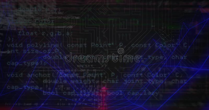 Animation Of Programming Language Over 3d Grid Patterns Against Circuit