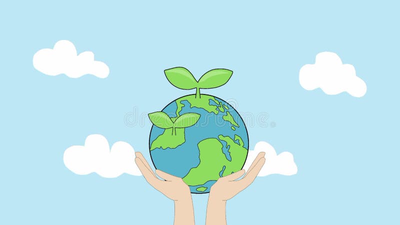 Animation Protect the Earth with Trees, Clouds, Sun and Hands. Stock ...