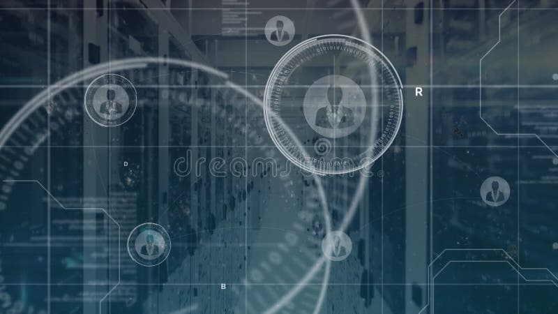 Animation of Pulsating Profile Icons and Data Processing Against Computer Server Room Stock ...
