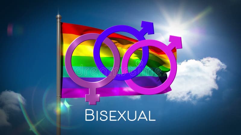 Three Joined Female And Male Symbols Against A Rainbow Flag Stock