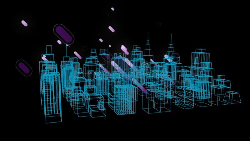 Animation of Purple Stripes Falling Over 3d Drawing of Cityscape on ...