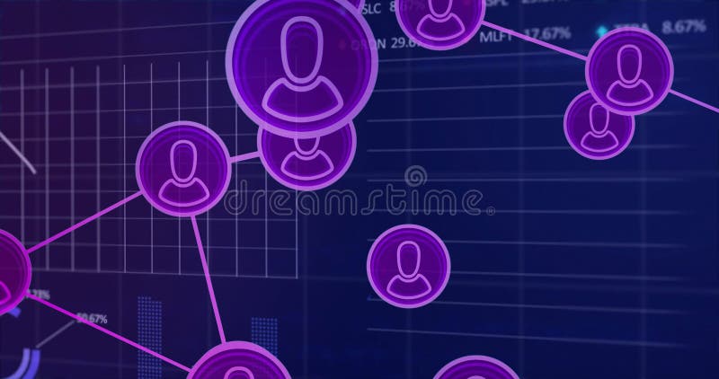 Animation of Purple User Icons Network Over Digital Data Charts ...