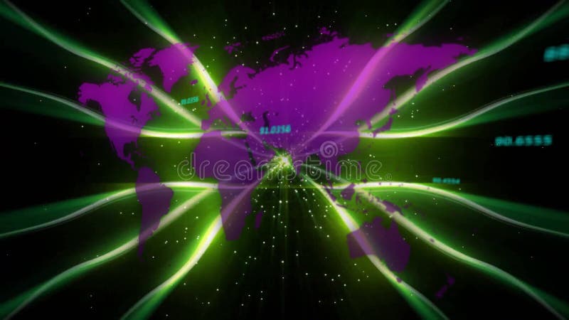 Animation of Purple World Map with Green Data Streams and Binary ...
