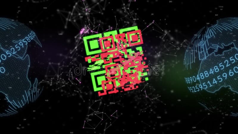 Animation Of Qr Code Data Processing And Network Of Connections Over Dark Background Stock