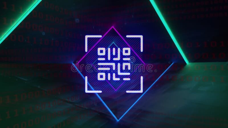 Animation of Qr Code Flashing Over Neon Tunnel on Black Background ... Animation of Qr Code Flashing Over Neon Tunnel on Black Background ...