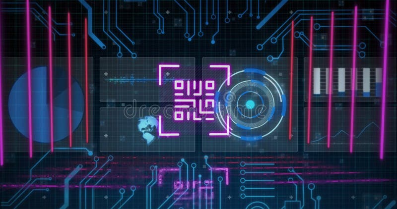 Animation of Qr Code Glowing Over Data Processing on Screens Stock ...