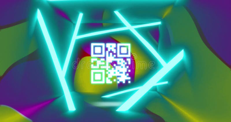 Animation of Qr Code and Neon Lines Over Background with Changing ... Animation of Qr Code and Neon Lines Over Background with Changing ...