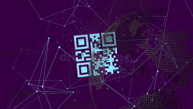Animation of Qr Code Over Connections, Globe and Violet Background ... Animation of Qr Code Over Connections, Globe and Violet Background ...