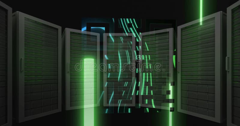 Animation of Qr Code Over Neon Shapes and Server Room on Black ... Animation of Qr Code Over Neon Shapes and Server Room on Black ...
