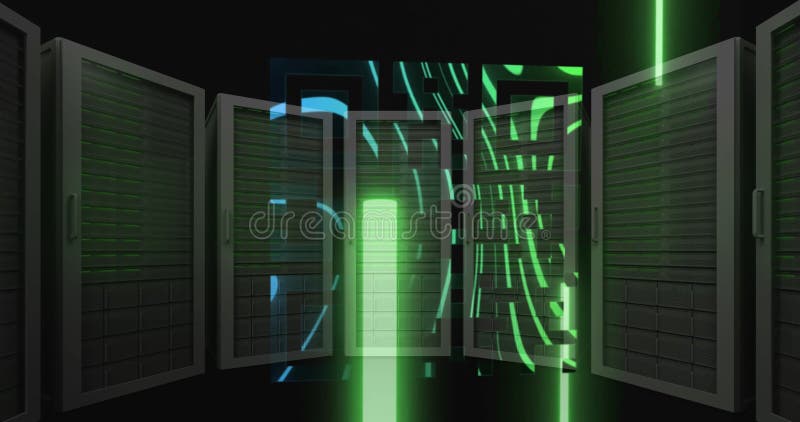 Animation of Qr Code Over Neon Shapes and Server Room on Black ... Animation of Qr Code Over Neon Shapes and Server Room on Black ...