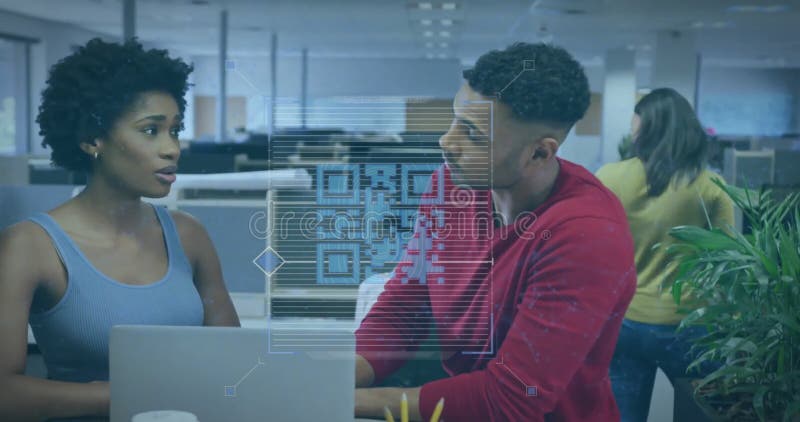 Animation of Qr Code Scanning in Square Over Diverse Coworkers Sharing ...