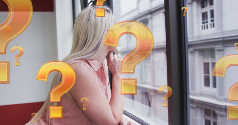 Animation of Question Marks Over Caucasian Businesswoman Thinking Stock ...