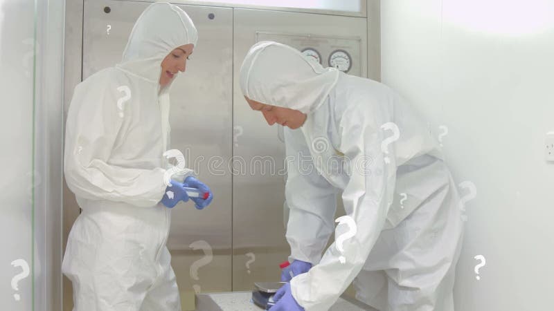 Animation of Question Marks Over Caucasian Scientists Talking Stock ...