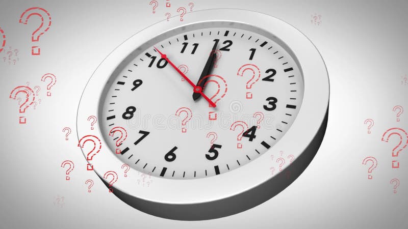 Animation of Question Marks Over Clock Ticking on White Background ... Animation of Question Marks Over Clock Ticking on White Background ...