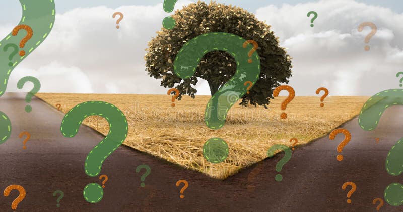 Animation of Question Marks Over Landscape with Tree and Road Stock ...