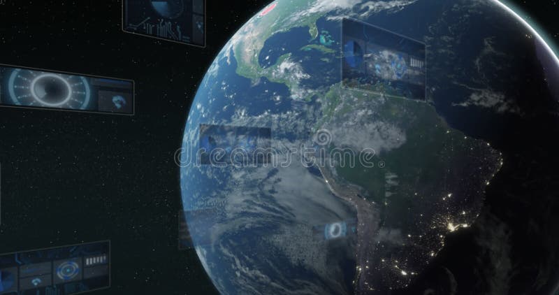 Animation of Radars, Graphs and Computer Language Over Globe Against Abstract Background Stock ...