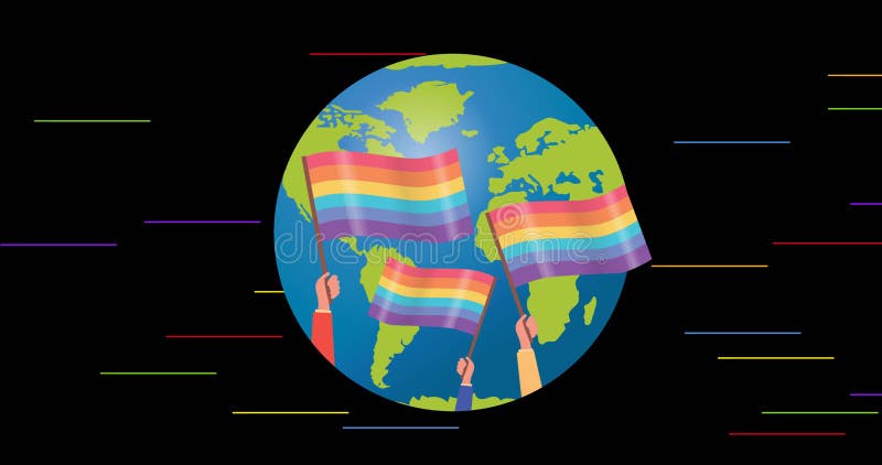 Animation of Rainbow Flags with Globe Over Rainbow Stripes on Black ...