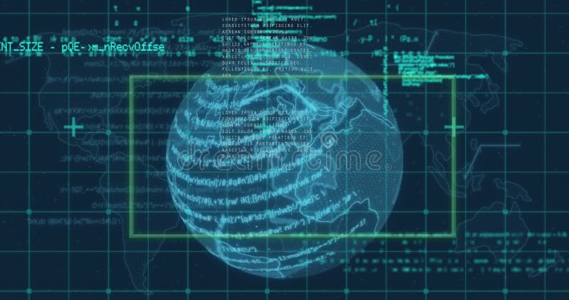 Animation Of Rectangle Shape With Rotating Globe Map And Computer Language Over Grid Pattern