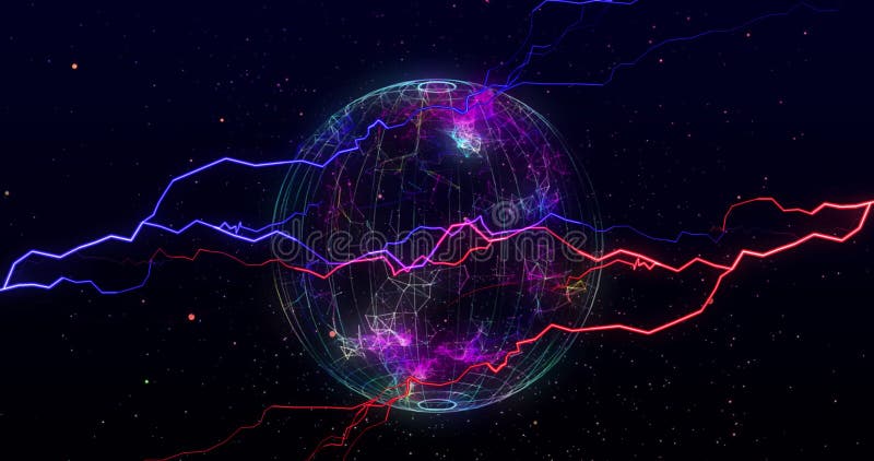 Animation of Red and Blue Electrical Currents Over Glowing Global ...