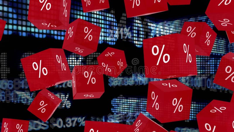 Animation of Red Cubes with Per Cent Sign Over Graphs and Statistics ...