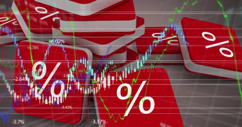 Animation of Red Cubes with Per Cent Sign Over Graphs and Statistics ...