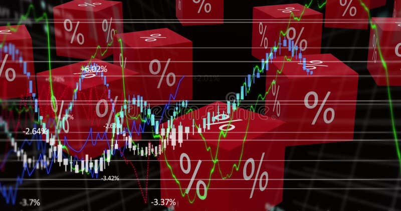 Animation of Red Cubes with Per Cent Sign Over Graphs and Statistics ...