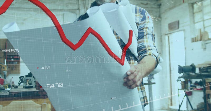 Animation of Red Graph Processing Over Mature Caucasian Male Carpenter ...