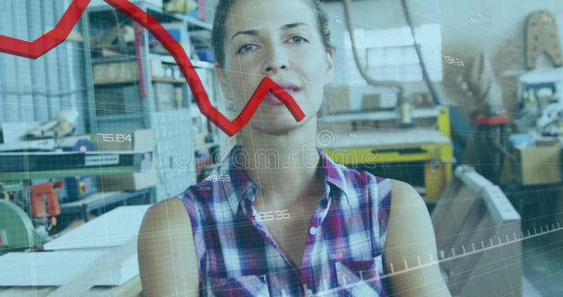 Animation of Red Graph Processing Over Portrait of Caucasian Female ...