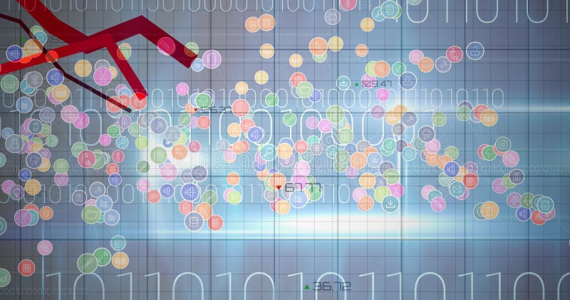 Animation of Red Lines Processing, Digital Icons and Binary Coding on Blue Background Stock ...