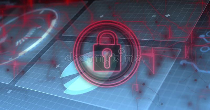 Animation of Red Padlock on Digital Grid with Abstract Shapes in ...