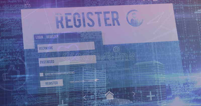 Animation of Register Card, Icons and Data Processing Over Cityscape ...