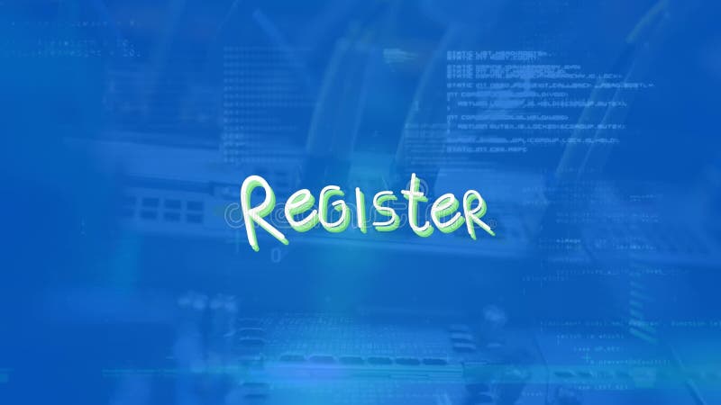 Animation of Register Text Over Data Processing on Blue Background ...