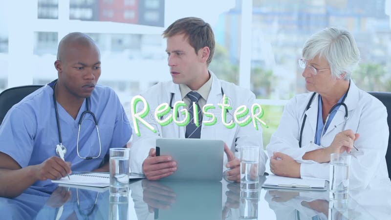 Animation of Register Text Over Diverse Doctors Using Tablet Stock ...