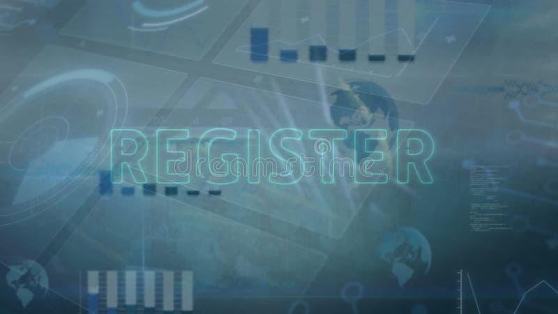 Animation of Register Text Over Radar, Graphs, Globes, Computer ...