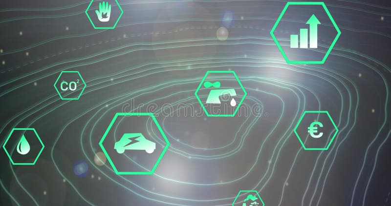 Animation of Renewable Energy Icons with Lens Flare Over Wave Patterns ...