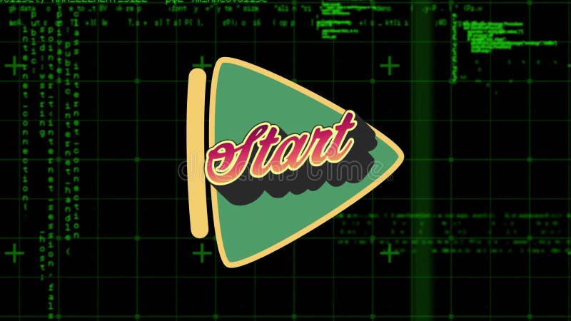 Animation of Retro Start Button Over Digital Grid with Green Coding ...