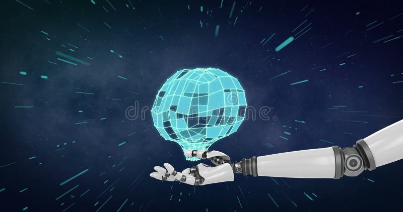 Animation of Robotic Hand with Brain with Light Trails on Blue ...