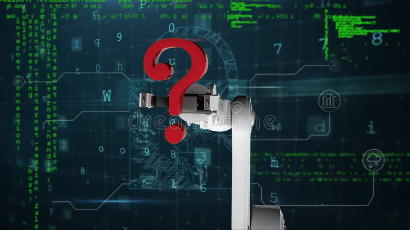 Animation of Robotic Hand with Question Mark Over Data Processing on ...