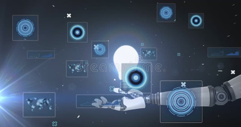 Animation of Robots Hand, Scopes and Data Processing on Dark Background Stock Footage - Video of ...