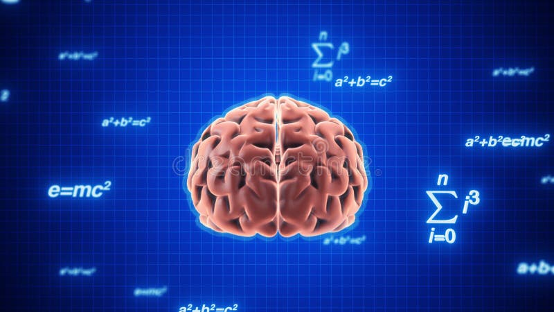 Animation of Rotating Brain and Math Formulas on Blue Background Stock ...