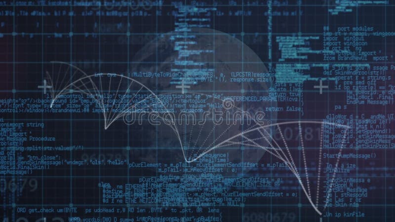 Animation of Rotating Dna Helix and Globe with Processing Data on Black ...