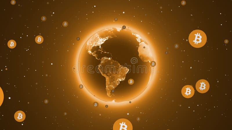 Animation of Rotating Earth and Bitcoin Symbol Flying Towards Earth ...