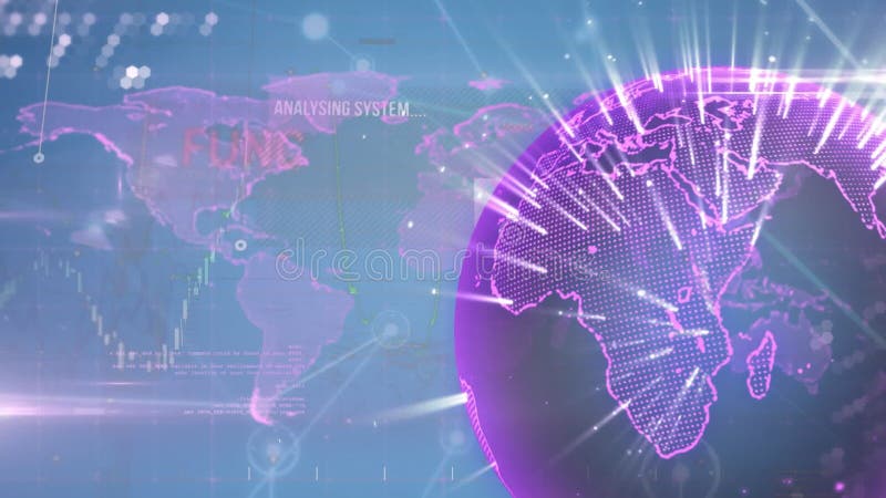 Animation Of Rotating Globe Circles Graphs Text And Connected Dots Over Map In Background
