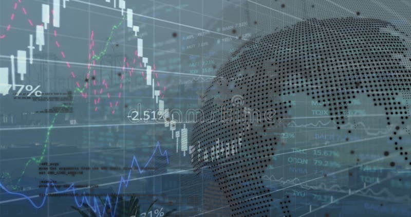 Animation of Rotating Globe, Graphs and Trading Board Over Modern City ...