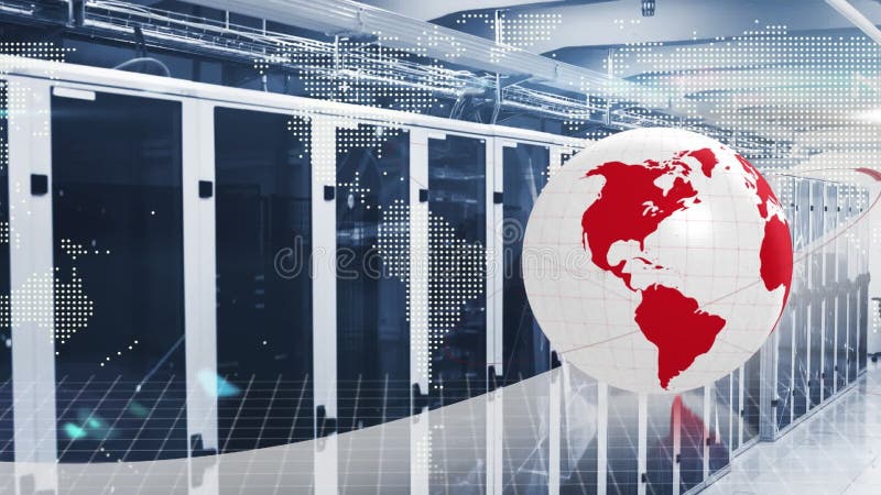 Animation of Rotating Globe, Map and Connected Dots Over Data Server Room Stock Video - Video of ...