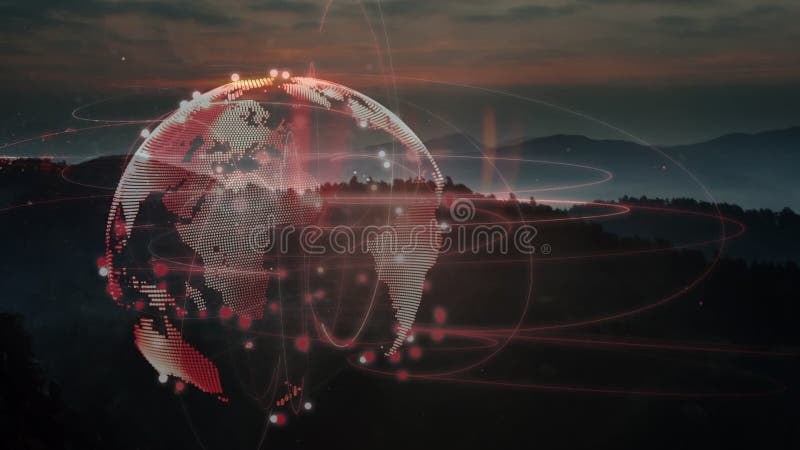 Animation of Rotating Globe with Network of Connections Over Sunset ...