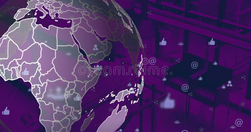 Animation Of Rotating Globe Over Multiple Computer Icons Against Empty