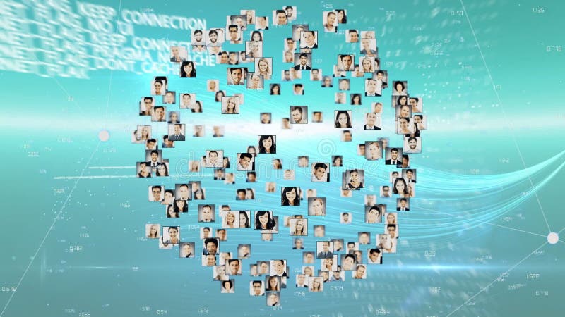 Animation of Rotating Globe of People Portraits Over Information and ...