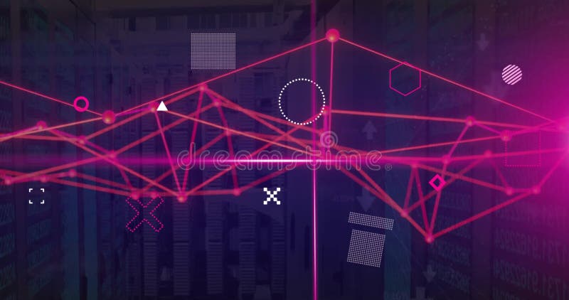 Animation of Rotating Shapes Processing Data Over Glowing Red Network on Dark Background Stock ...