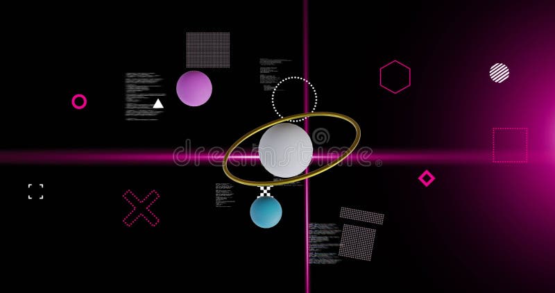 Animation of Rotating Spheres and Pink Scanner Beams Over Data Processing on Black Background ...